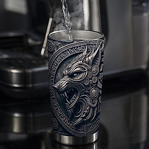 20oz Viking Celtic Warrior Wolf Tumbler, Norse Mythology, Viking Gifts for Men, Coffee Thermos for Men, Stainless Steel Double Wall Vacuum Insulated Coffee Mug, Travel Cup with Lid