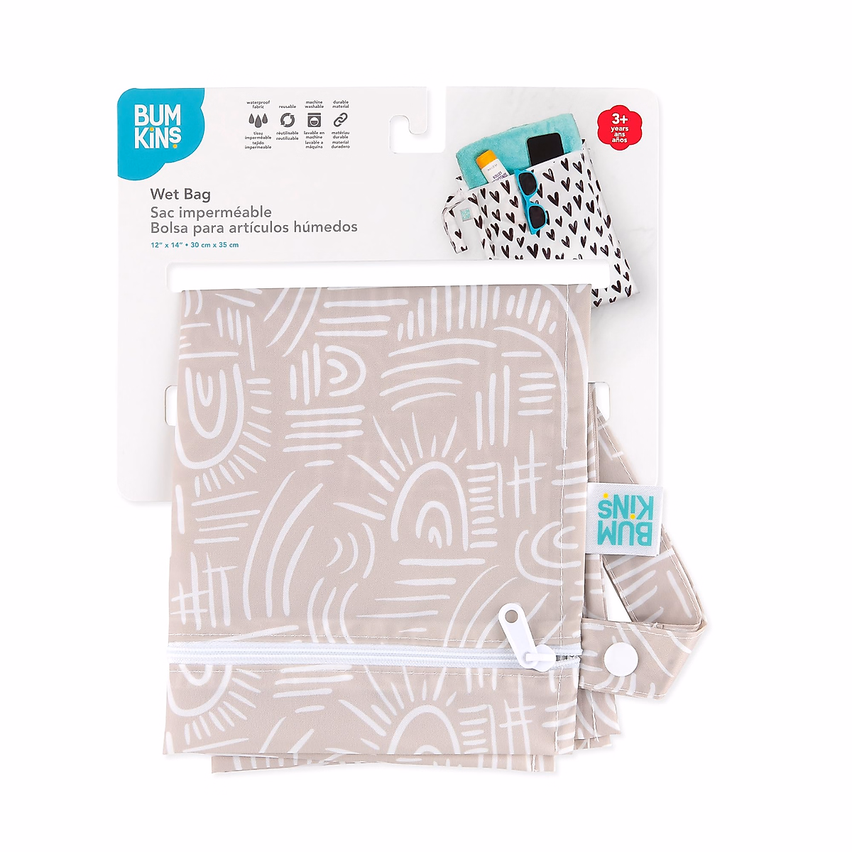 Bumkins Waterproof Wet Bag for Baby, Travel, Swim Suit, Cloth Diapers, Pump Parts, Pool, Gym Clothes, Toiletry, Strap to Stroller, Daycare, Zipper Reusable Bag, Wetdry Packing Pouch, Boho Beige