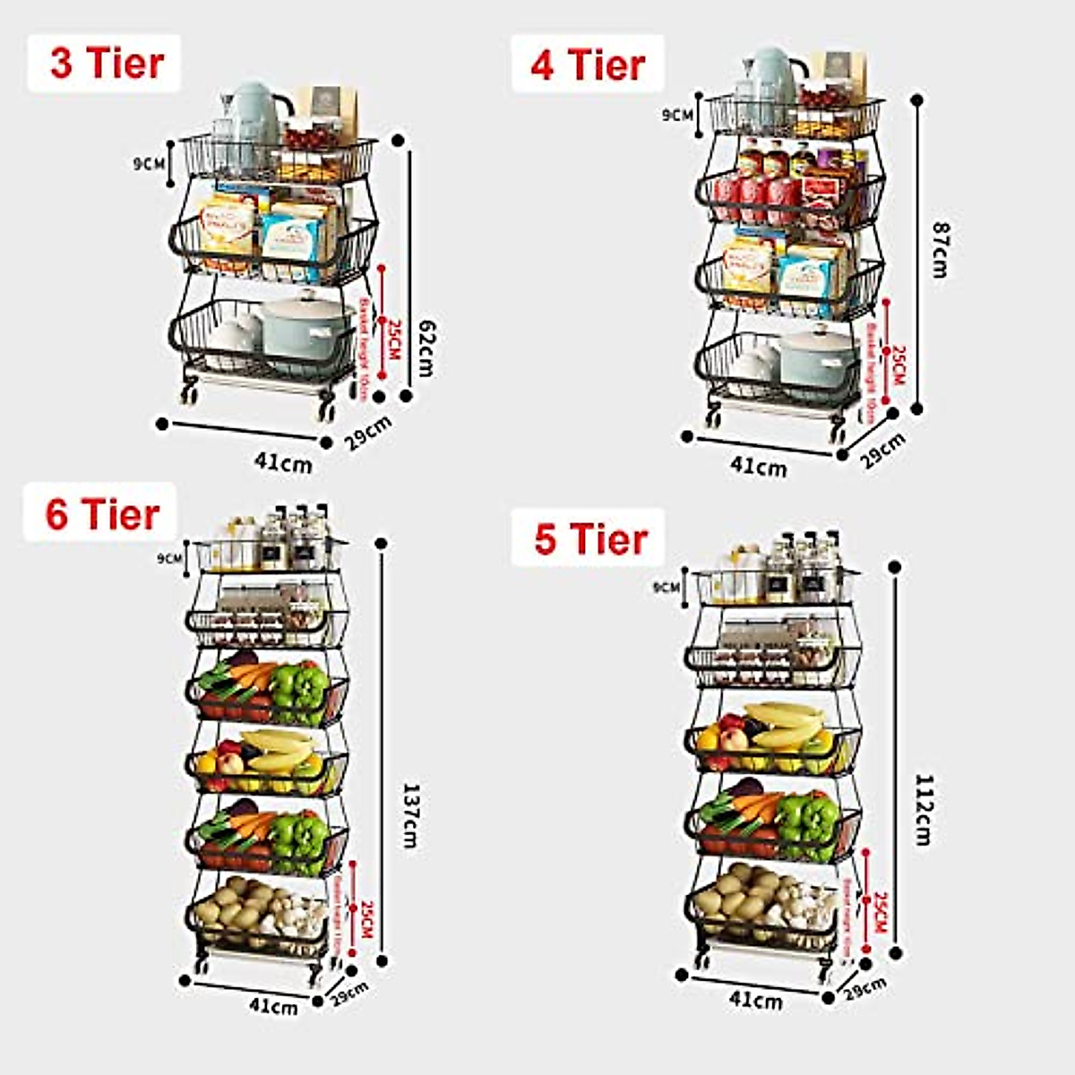 Multi-Tier Vegetable Storage Rack, Movable Stackable Fruit Vegetable Shelf, for Kitchen, Pantry, Bathroom, Garage, Living Room,4 Tier