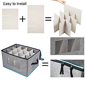 Benzoyl Wine Glass Stemware Storage Box with Lid, Padded Hard Shell Box with Dividers, Handle 12 Holds Wine Glasses Canvas Case, China Storage Containers for Champagne, Wine Gray 2 Packs