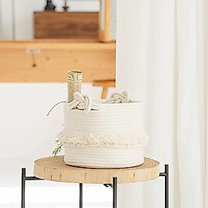 CherryNow Small Woven Storage Baskets Cotton Rope Decorative Hamper for Diaper, Blankets, Magazine and Keys, Cute Tassel Nursery Decor - Home Storage Container – 9.5'' x 7''
