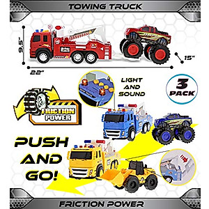 Mozlly Friction Powered Emergency Tow Truck Toys Set of 3 - Assorted Color Towing Trucks with Big Racing Monster Trucks & Bulldozer, Interactive Sound & Light - 3 Pack