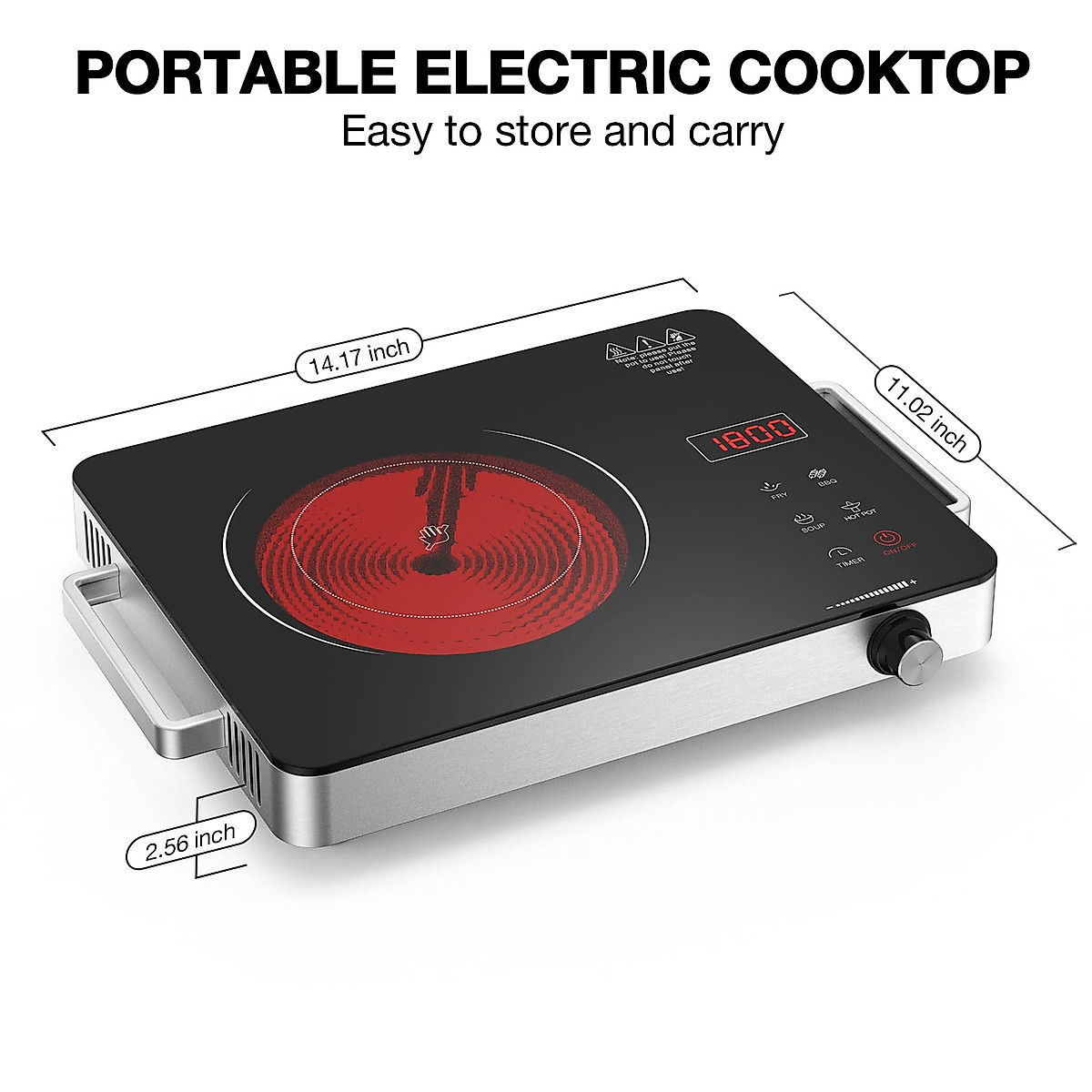 Electric Cooktop, Portable Single Burner Stove With Plug, 1800W Hot Plate Countertop, Child Safety Lock, Timer, 110V Infrared Burner, Touch and Knob Control