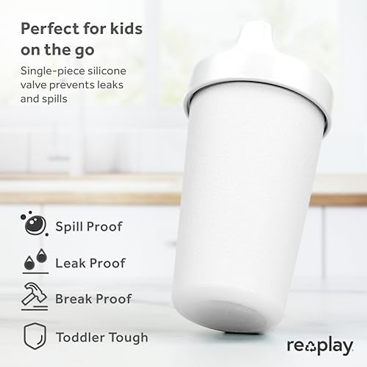 Re-Play Made in USA 10 Oz. Sippy Cups for Toddlers, Set of 3 - Reusable Spill Proof Cups for Kids, Dishwasher/Microwave Safe - Hard Spout Sippy Cups for Toddlers 3.13" x 6.25", Modern Mint