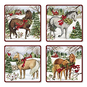 Winter Horses Christmas Envelope Seals (4 Designs) - Set of 144 1-1/2" diameter Self-Adhesive, Flat-Sheet holiday sticker Seals
