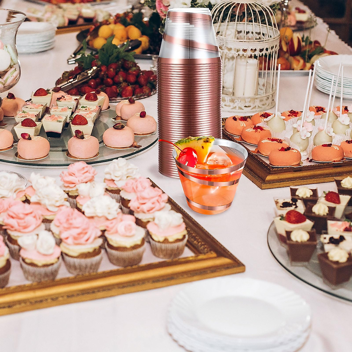 Gejoy 9 oz Rimmed Swirl Plastic Cups Disposable Wine Drinking Cups Clear Elegant Wedding Tumblers for Engagement Single Party Supplies(Rose Gold)