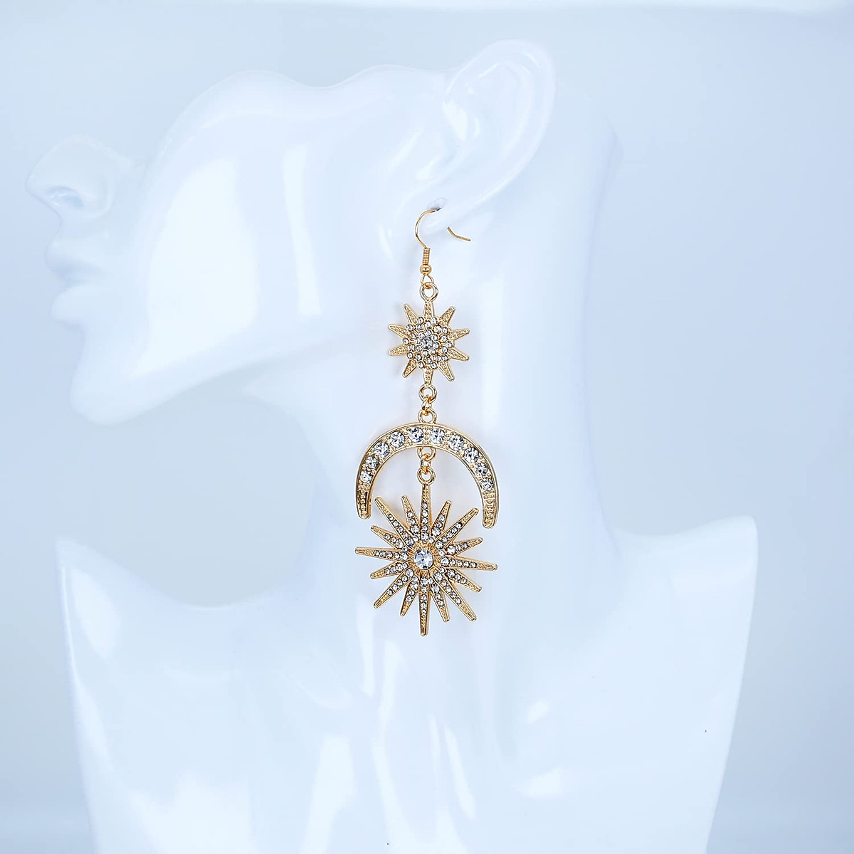 Exaggerated Luxury Sun Moon Stars Drop Earrings Rhinestone Punk Earrings for Women Jewelry Golden Boho Vintage Statement Earrings