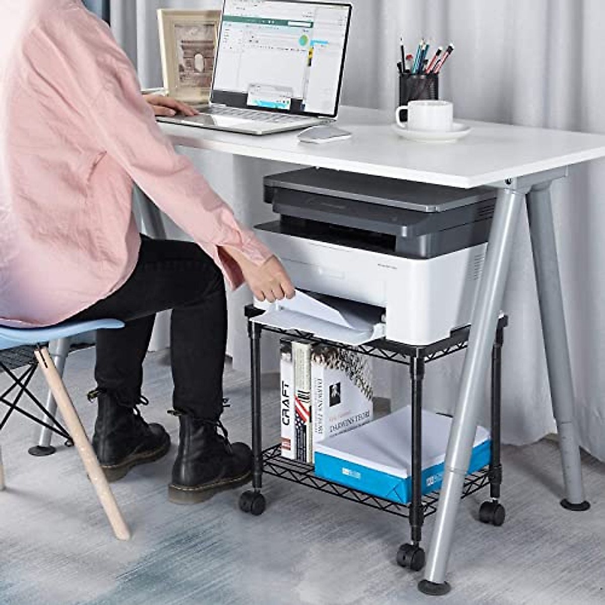 HUANUO Under Desk Printer Stand, 2 Tier Printer Cart for Storage, Mobile Printer Table with Swivel Wheels, Holds up to 100lbs, Perfect Desk Organizer Shelf for Home & Office, HNPS02