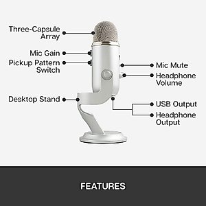 Newest Blue Yeti USB Microphone with 4 Pickup Patterns, 3 Condenser Capsules, Mic Gain Control & Adjustable Stand for Gaming, Streaming, Podcasting on PC & Mac with GalliumPi Accessories - Silver