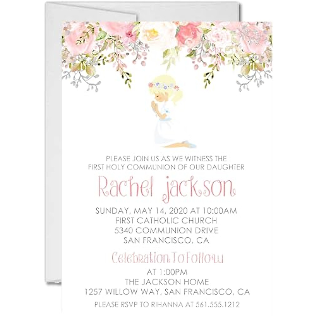 Pink Floral First Holy Communion Invitations For Girls