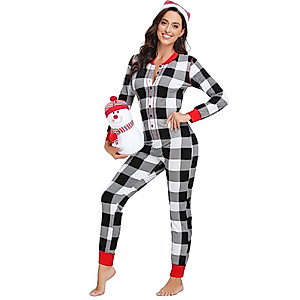 SWOMOG Womens Christmas Onesie Pajamas Jumpsuits Adult One Piece Sleepwear Long Sleeve Bodysuit Buttons Union Suit