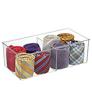 mDesign Plastic 2 Compartment Divided Drawer and Closet Storage Bin - Organizer for Scarves, Socks, Bras, and Underwear - Dress Drawer Organizer, Shelf Organization - 6 Pack - Clear