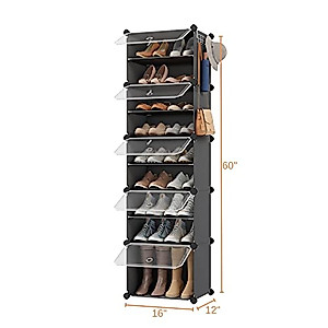VIPZONE 20-Pair Shoe Rack, DIY Shoe Storage Shelf Organizer, Plastic Shoe Organizer for Entryway, Narrow Shoe Cabinet with Doors Grey