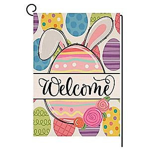 Easter Garden Flag 12x18 Vertical Double Sided Small Burlap Colorful Rabbit Eggs Farmhouse Spring Yard Outdoor Decoration