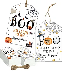 50Pcs Halloween Tags with String Halloween Trick or Treat Spooky Goodie Candy Ghost Tag Happy Boo Day Hanging Gift Label Cute Cartoon Name Cards Gift Wrapping for Halloween Party (Halloween)