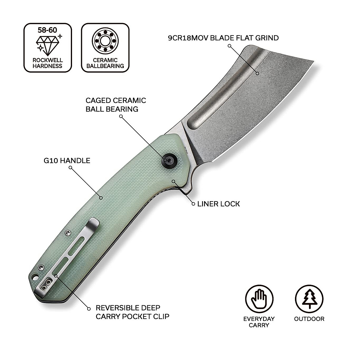 CIVIVI Bullmastiff Folding Pocket knife, 3.8" Stout Cleaver Style Blade, Coarse G10 Handle,Liner Lock, Everyday Carry Folder with Reversible Deep Carry Clip C2006E (Natural)