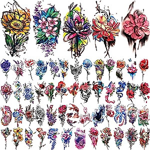 77 Sheets Temporary Tattoo, 17 Sheets Half Arm Flower Rose Skull Butterfly Snake Fake Tattoos for Adults, 60 Sheets Tiny Waterproof Temporary Tattoos Body Art Sticker Realistic for Women Girls or Kids