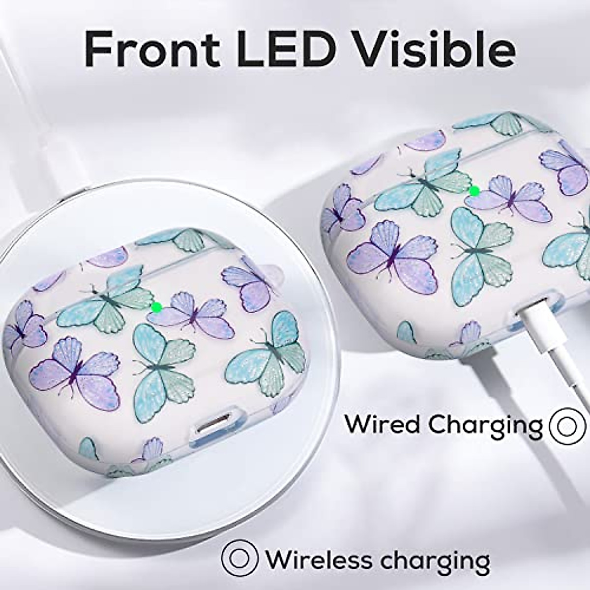 V.R.HOPE Compatible with AirPods 3rd Generation Case for Women Girls, Clear Flower AirPods 3 Case Cover with Keychain Hard Cute Skin for Apple Air Pods Gen 3, Butterfly