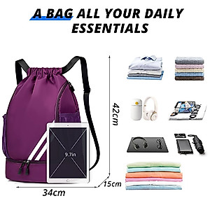 Drawstring Backpack Sports Gym Bag with Shoes Compartment, Waterproof Draw String Back Bag for Men Women (Purple)