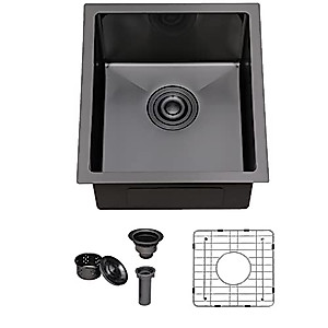 VCCUCINE Black Bar Sink, 15x17 Inch Small Bar Sink,Undermount Wet Bar Sink Small Rv Sink, T-304 Stainless Steel Kitchen Sink with Sink Protector and Drain Assembly…