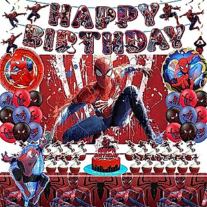 Spider Birthday Party Supplies for Kids, Spider Birthday Party Decorations Include Backdrop, Birthday Banner, Foil Balloons, Cupcake Toppers, Tablecloth for Spider Theme Party