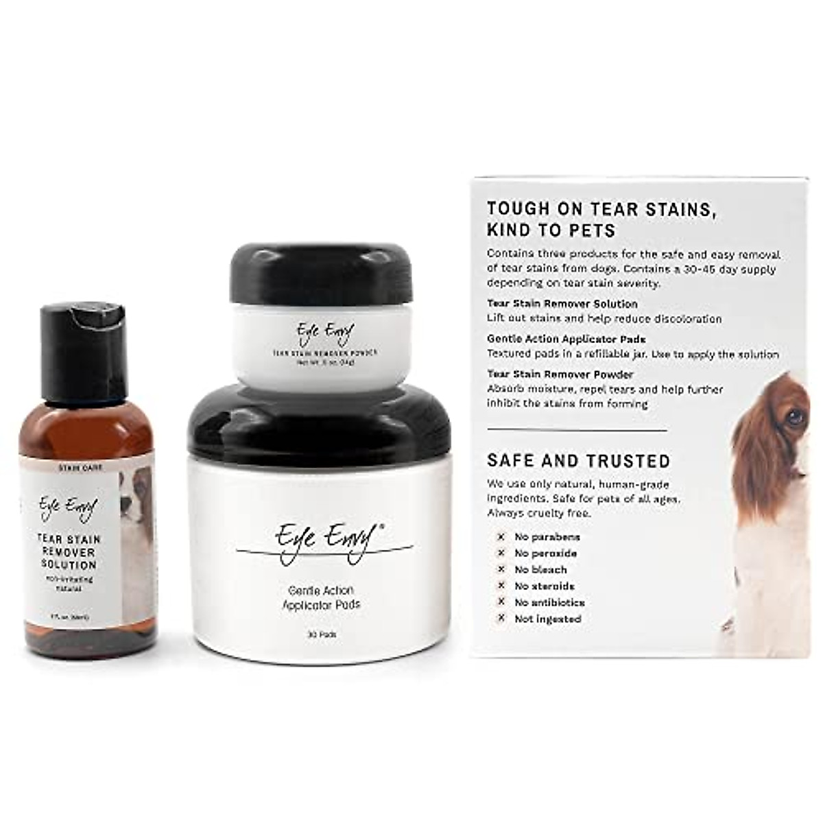 Eye Envy Dog Tear Stain Remover Starter Kit | Tear Stain Essentials in one kit at a 2-Step System | Lasts 30-45 Days | Solution 2 fl.oz, Applicator Pads 30 Count and Powder 0.5oz
