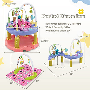 HONEY JOY Baby Bouncer Activity Center, 3-Stage Bouncing Activity Saucer & Playtime Mat & Activity Table, Toy-Bar, 3 Adjustable Heights, Foldable Exersaucer for Infants & Toddlers(Pink)