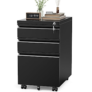 Sweetcrispy File Cabinet - 3 Drawer Locking Metal Mobile Rolling Filing Cabinet, Wheels & Pre-Assembled Under Desk Storage A4/Letter/Legal Home Office Small File Cabinet - Black