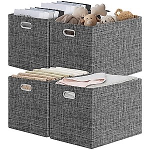 Posprica 15x12x12 Storage Cube Bins, Linen Decorative Closet Storage Organizer for IKEA Kallax, 4 Pack Fabric Foldable Large Storage Baskets for Closet, Shelves, Clothes, Toy (Black)