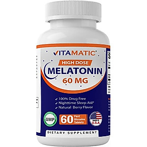 Vitamatic Melatonin 60mg Fast Dissolve Tablets - 60 Vegan Natural Berry Flavor Tablets - Non-Habit Forming - Non-GMO, Gluten Free (1 Bottle)