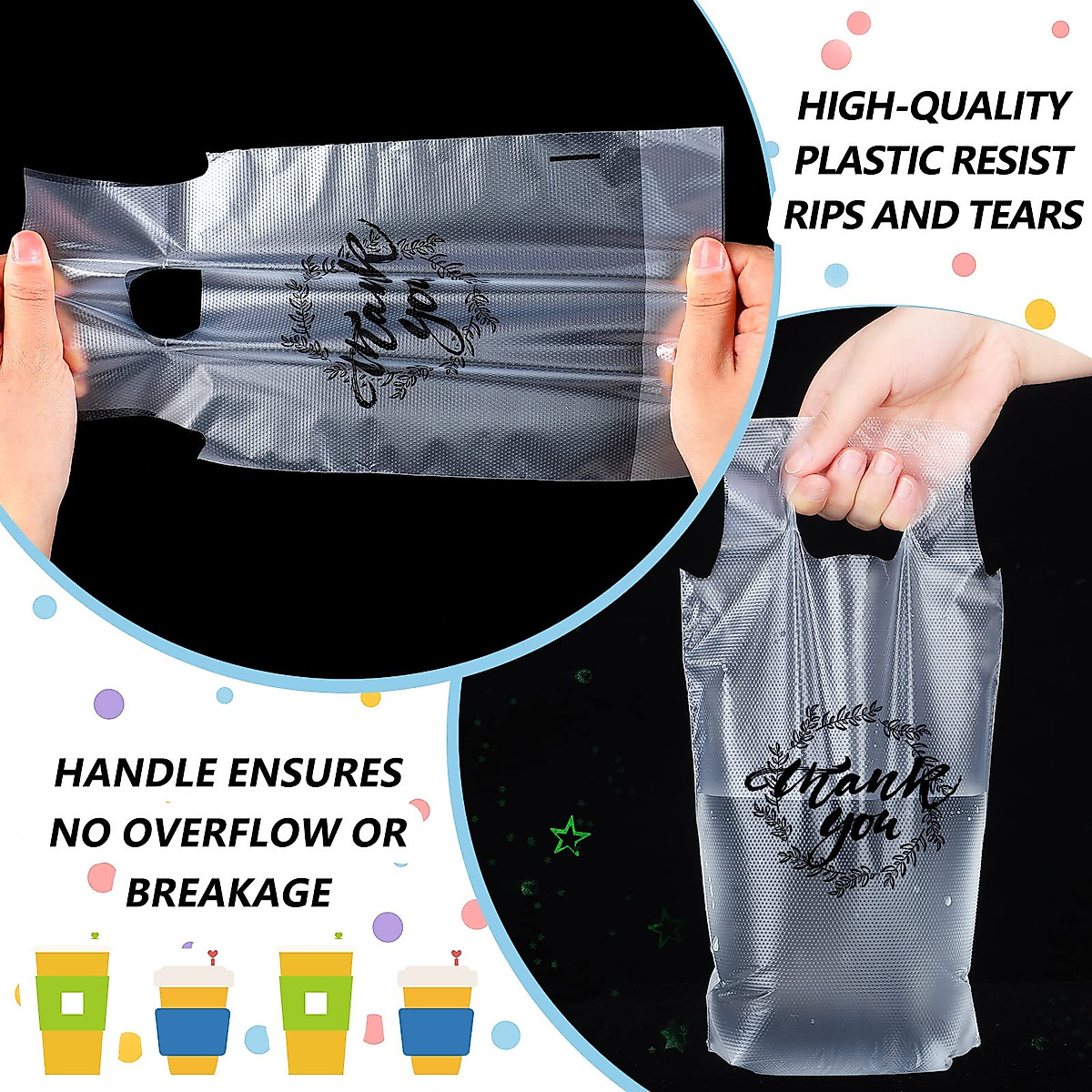 Kisston 1000 Pcs Drink Carrier for Delivery, Plastic Drinking Carrier Bags Thank You Clear Handle Drink Poly Bags Drink Bags Bulk Cup Carrier for Coffee Tea Beverage Juice (Hold 1 Cup)