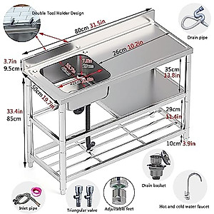 NYCDA Utility Free-Standing Commercial Sink, Outdoor Stainless Steel Sink Single Bowl Restaurant Kitchen Sink Set, w/Drainboard & Double Storage Shelves, Faucet 80x50x80cm/31.5x19.7x31.5in Right