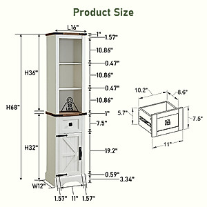 OKD Bathroom Storage Cabinet, Farmhouse Storage Cabinet with Adjustable Shelves & Storage Drawer, Tall Linen Tower for Bathroom, Living Room, Rustic Oak with Antique White