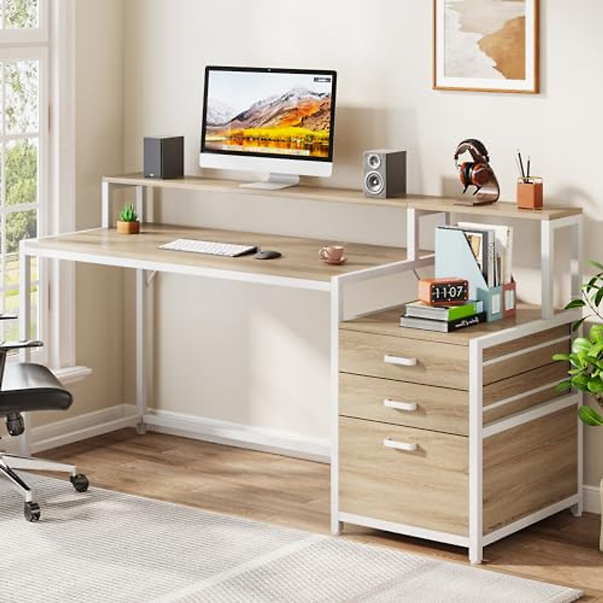 LITTLE TREE 63 Inch Computer Desk with File Drawer Cabinet, Home Office Desks with Ergonomic Monitor Stand
