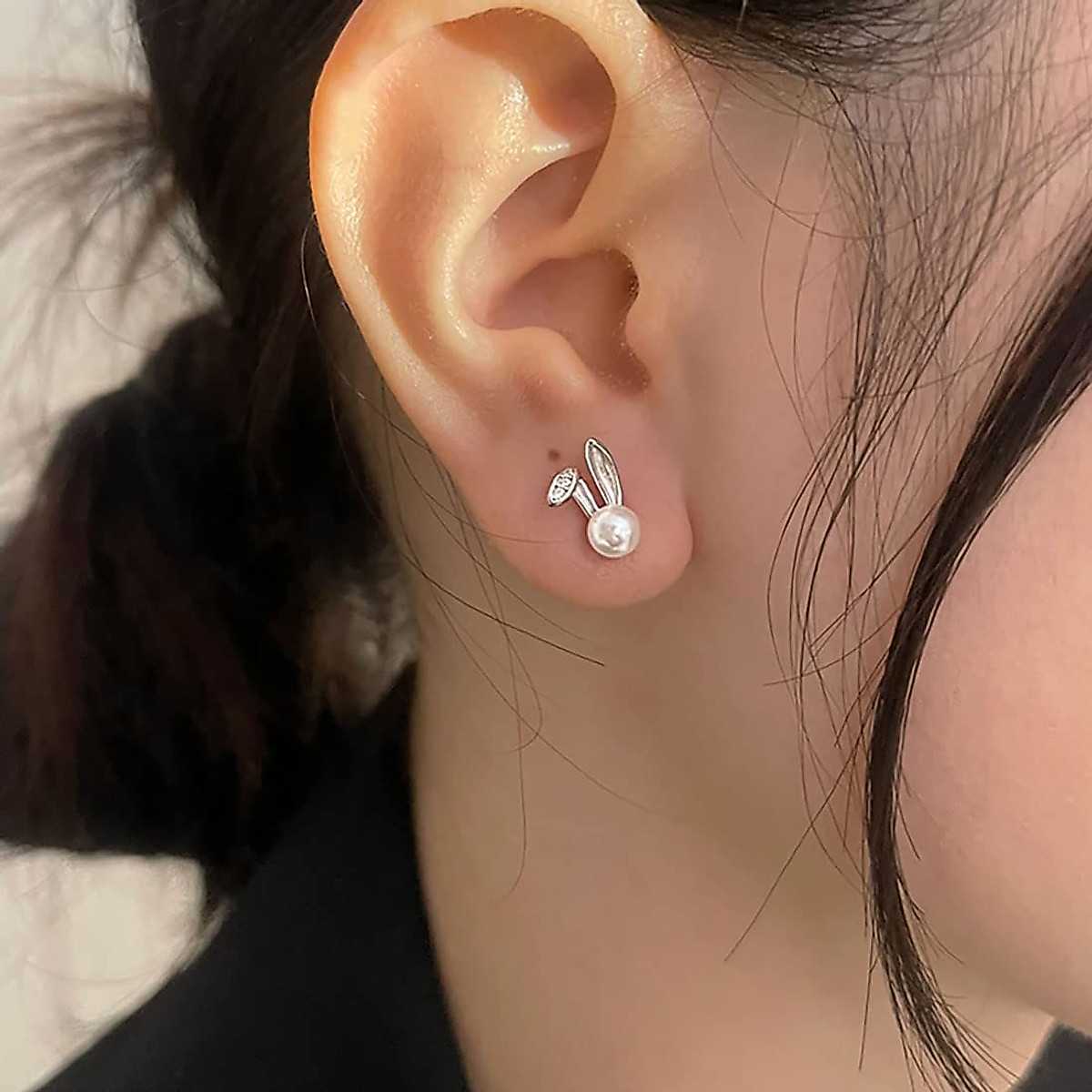 SLUYNZ Cute CZ Pearl Rabbit Studs Earrings for Women Girls Sterling Silver Bunny Studs Earrings Animal Earring Jewelry Birthday Friendship Gift Adult Earrings(A-Silver)