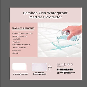 Waterproof Crib Mattress Protector Pad - 2 Pack - Washable and Comfy Crib Mattress Protector Baby Fitted Bed Sheets (52*28*9 inches)