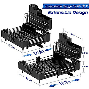 ROTTOGOON Expandable Dish Drying Rack, Stainless Steel Rustproof Dish Rack for Kitchen Counter, (12.8"-19.1") Dish Drainer with Drainage, Utensil Holder, Cup Holder for Various Kitchenware, Black