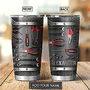 Personalized Mechanic Tools Box Tumbler, Wrench Gifts for Dad Grandpa Husband Uncle on Fathers Day Valentine Anniversary Christmas - Insulated Stainless Steel Mechanic Coffee Travel Mug with Lid 20Oz