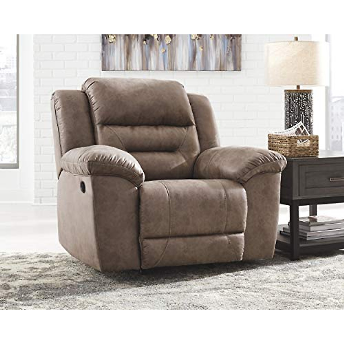 Signature Design by Ashley Stoneland Faux Leather Manual Pull Tab Rocker Recliner, Light Brown
