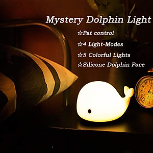 Mystery 4-Modes Children Night Light, USB Rechargeable Dolphin Night Light With Warm White, Strong White, 5 Single Colors and 5-Color Breathing Modes, Sensitive Tap Control for Baby Adults Bedroom