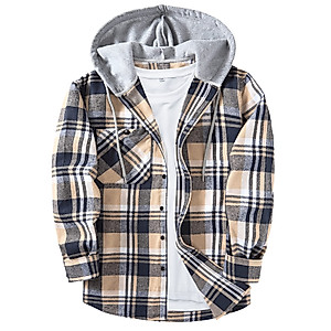 SWISSWELL Mens Flannel Hoodie Shirts Long Sleeve Fashion Plaid Jackets Button Down Shirts Navy Beige L