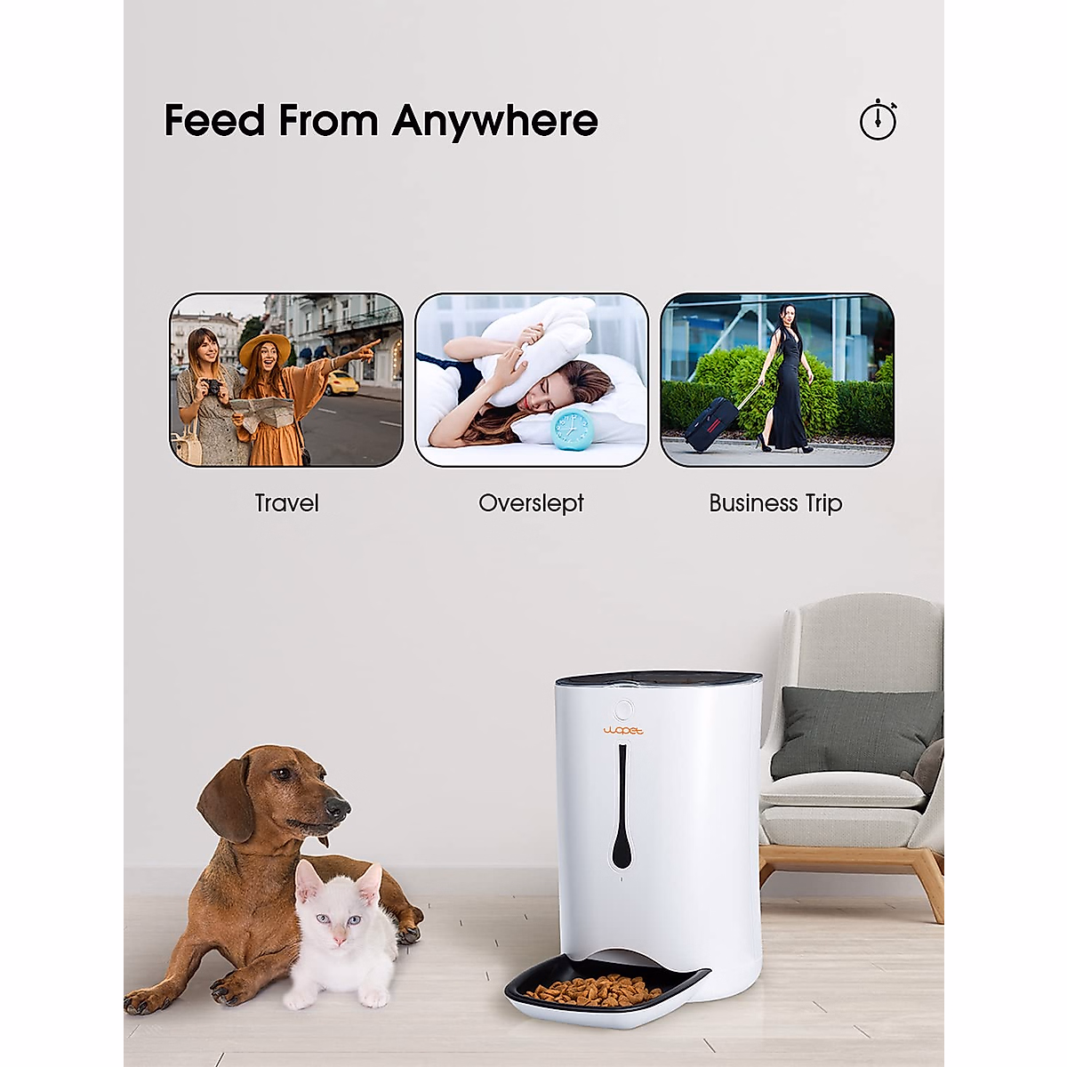 WOPET Automatic Pet Feeder Food Dispenser for Cats and Dogs–Features: Distribution Alarms,Portion Control,Voice Recorder, & Programmable Timer for up to 4 Meals per Day