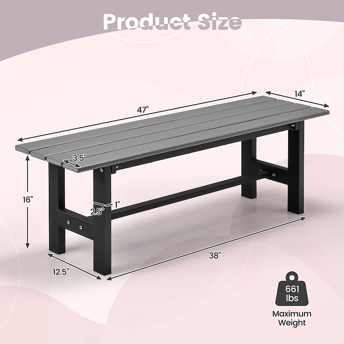 Tangkula 47” Outdoor Garden Bench, 2-Person Patio Park Bench with HDPE Slatted Seat & Metal Frame, 660 LBS Capacity, Rectangular Outdoor Dining Bench for Yard, Garden, Balcony, Entryway (2, Gray)