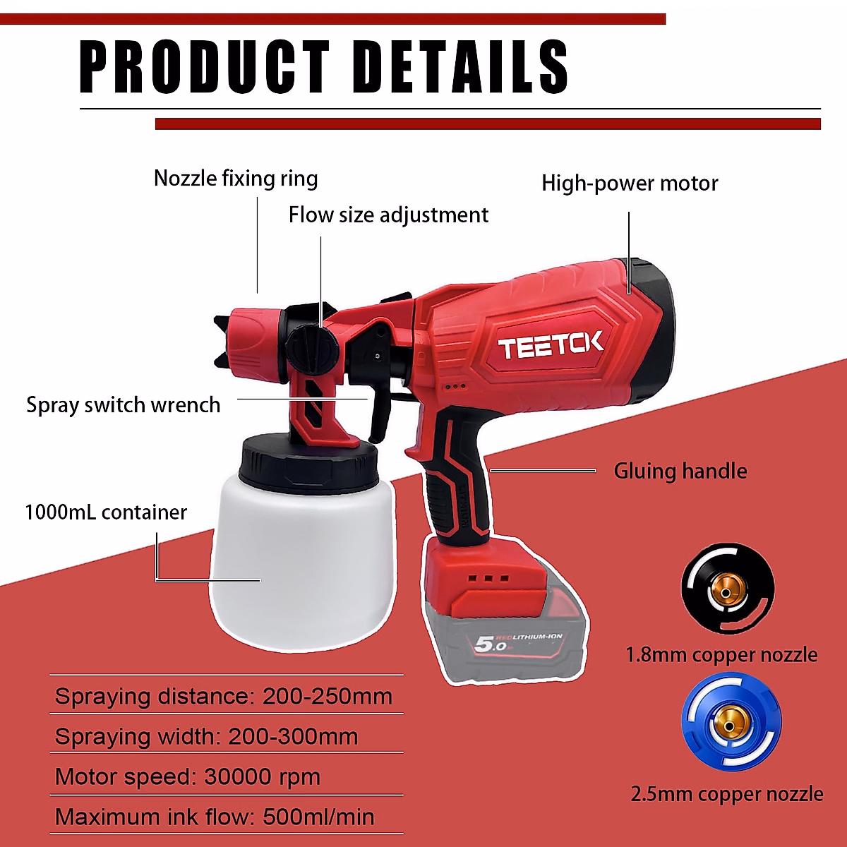 Cordless Paint Sprayer for Milwaukee 18V Battery, TEETOK HVLP Paint Sprayer with 2 Nozzles & 3 Patterns, for Painting Walls, Furniture, Gardens, Fences (Battery not Included)