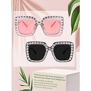 Frienda 2 Pieces Oversize Square Sparkling Sunglasses Retro Thick Frame Sunglasses (Clear Pink, Black)