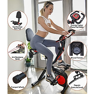 YYFITT 3-In-1 Folding Exercise Bike, Stationary Bikes for Home with Arm Workout Bands, Indoor Fitness Bike with 16 Levels Magnetic Resistance, Full Support Back Pad and Phone Holder, 2-in-1 Bike Frame