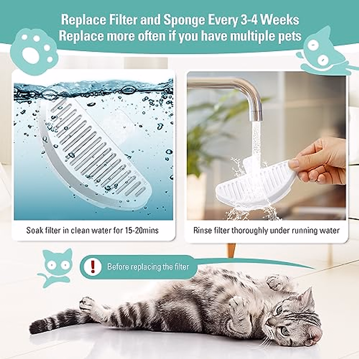 3 Pack Replacement Filters & 6 Pack Filter Sponges for 67oz/2L Wireless Automatic Pet Fountain, BFLICROY Cat Water Fountain Filter, Pet Water Fountain Filters with 6 Layers Filtration System