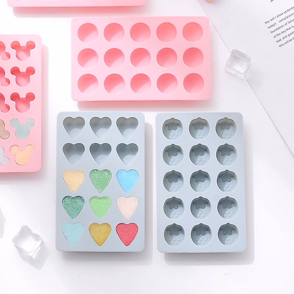 REKIDOOL 3 Pieces Candy and Chocolate Silicone Molds Set Non-stick Including Heart, Round, Square Baking Mold for Hard Candy, Gummy, Hot Caramel, Ice, Cake, Jello, Ganache (Blue)