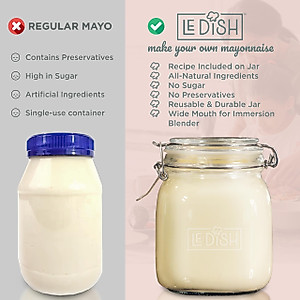 Le Dish Wide Mouth Mason Jar 32 oz | Homemade Mayonnaise Jar with Recipe - Airtight 32 oz Mason Jar with Lid - Large Glass Jar Wide Mouth for Mayonnaise, Canning, Fermenting & Pickling