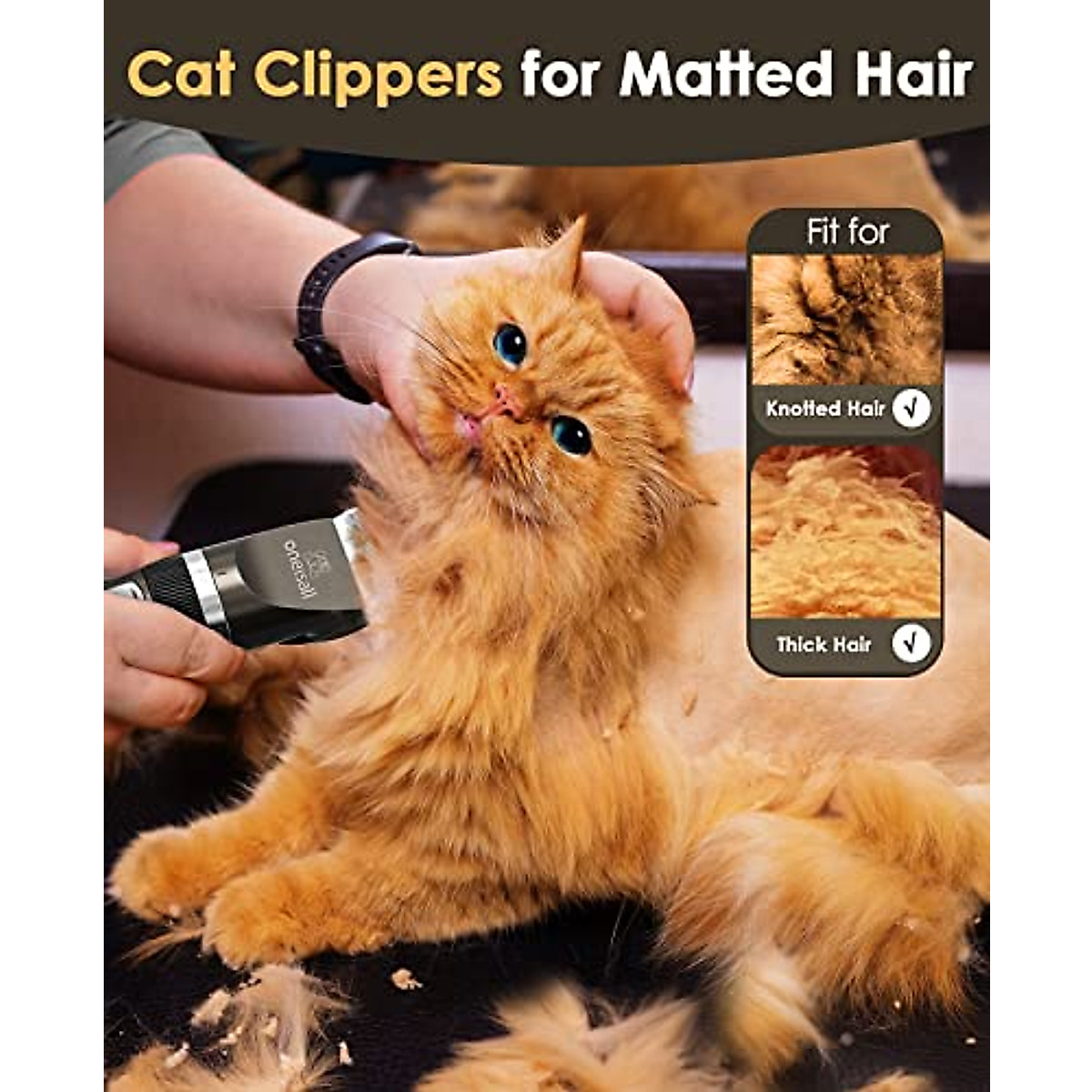 oneisall Cat Grooming Clippers for Matted Hair, 2-Speed Cat Grooming Kit Cordless Low Noise Pet Hair Clipper Trimmer for Dogs Cats Animals (Gray)